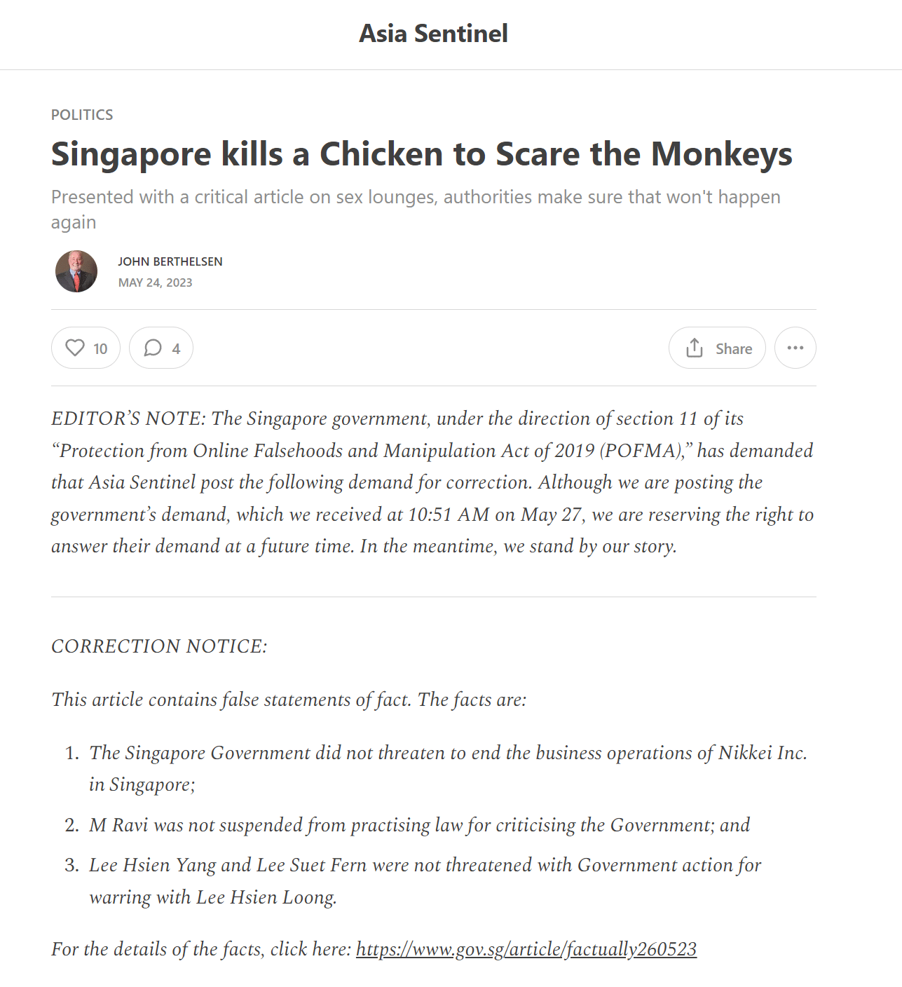 Singapore blocks access to Asia Sentinel following its failure to ...